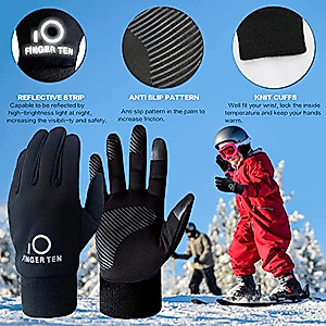 FINGER TEN Kids Winter Gloves Waterproof with Neck Warmer Boys Girls Touchscreen for Cold Weather Outdoor Sports (Black, Small)