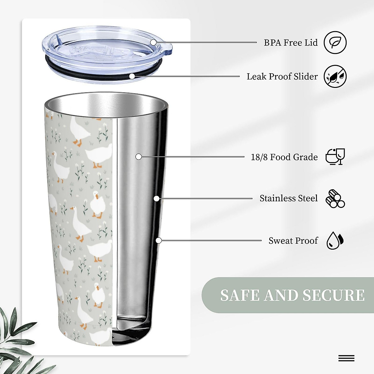 JASROTAO Cute Goose Flowers Tumblers, Goose Floral 20oz Stainless Steel Insulated Travel Tumbler,Travel Coffee Mug with Lid and Straw Cups Gifts for Women Men