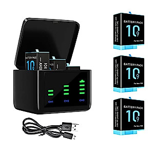 Bonadget 2000mAh 3-Pack Battery and 3-Channel Storage Charger for Gopro Hero 10/9 with USB & Type-C Charging Port Compatible with Gopro Hero 10 Black Battery and Charger Bundle with LED Display Screen