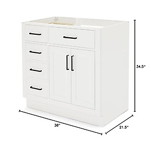 ARIEL Hepburn Bathroom Vanity Base Cabinet 36" White, Right Offset Sink Configuration, 2 Soft Closing Doors, 5 Full Extension Dovetail Drawers, Toe Kick, Matte Black