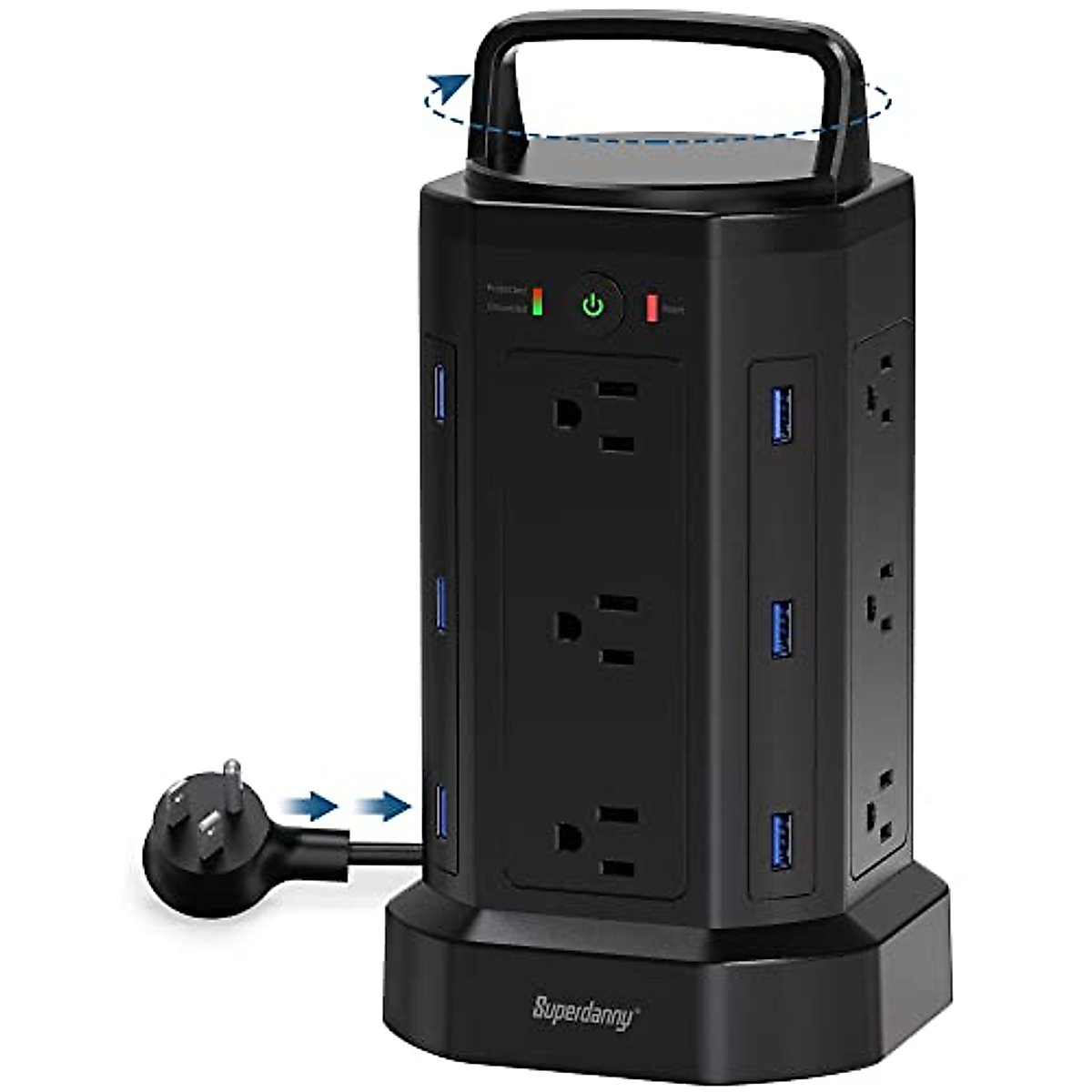 Power Strip Surge Protector Tower 2100J, SUPERDANNY Extension Cord with Multiple Outlets, 12 AC 6 USB Charging Station, Handle Cord Retracting, 6.5ft Overload Protection for Garage, Workbench, Black