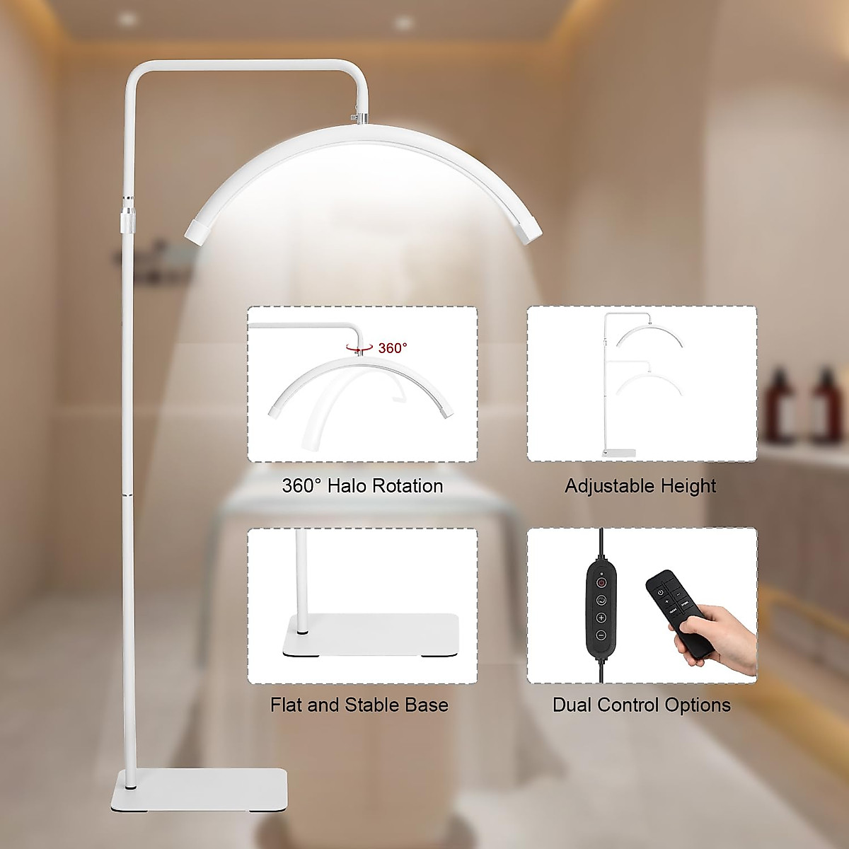 MINIEAR Eyelash Lamp - Dimmable LED Floor Lamp Lash Light for Eyelash Extensions, Salon SPA, Esthetician, Tattoo Artists - Rotating Half-Moon Head, Shadowless Lighting, Adjustable Brightness (White)