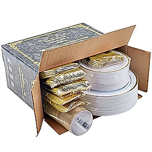 Vplus 600 Count Gold Dinnerware Set, 200 Plastic Plates, Set of 300 Silverware, 100 Cups, Disposable Gold Plastic Dinnerware for Party or Wedding