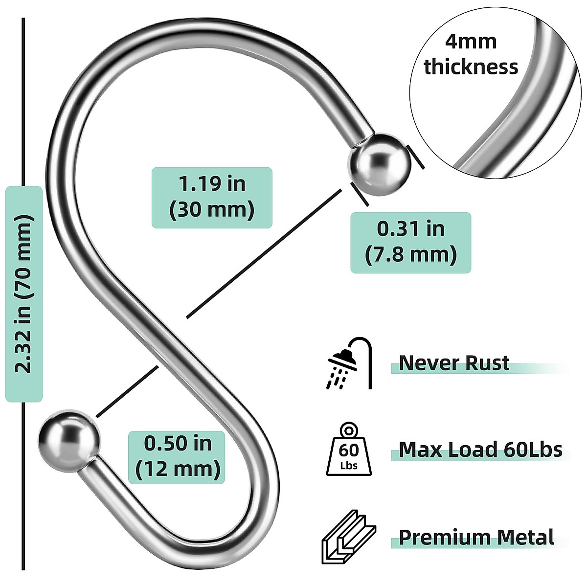 VNDUEEY 15 PCS Silver Shower Curtain Hooks Metal Shower Curtain Rings Shower Hooks, Ornament Hooks for Christmas, S Hooks for Hanging Christmas Stocking, Kitchen S Hooks for Mugs, Pots