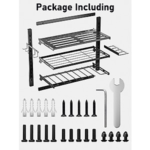 Power Tool Organizer Wall Mount, Tool Storage Rack with 4 Drill Holder, Tool Holder Bears 35lbs, Tool Shelf with Screwdriver, 3-Tier Adjustable Height Tool Rack for Garage Organization and Workshop