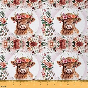 Feelyou Cute Highland Cow Fabric by The Yard 2 Yards Cartoon Animal Decorative Waterproof Outdoor Fabric Flower Floral Print Upholstery Fabric for Chairs Farm Zoo Garden Theme DIY Reupholstery Fabric