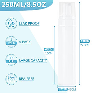Foam Pump Bottle 8.5oz/250ml White Empty Foam Dispenser Bottle Travel Foaming Hand Soap Bottle Large Refillable Foaming Bottle for Shampoo Cleaning Traveling (4 Pack)