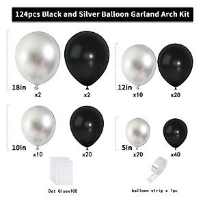 FHEKFNG Black and Silver Balloons, 124pcs 5 10 12 18 Inch Black Metallic Silver Balloons Garland Arch Kit for Birthday, Wedding, Graduation, Bridal Shower,Anniversary Party Decorations