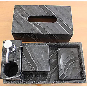 Chrocks Bathroom Accessory Set Made from Natural Stone Black Wood Marble - Bath Accessories Set of 6 Includes Soap Dispenser, Toothbrush Holder, Tumbler and Soap Dish Tray Tissue Box