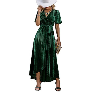 BerryGo Women's Semi Formal Velvet Wrap Dress Prom Cocktail Short Sleeve Swing Long Maxi Dress Emerald Green S