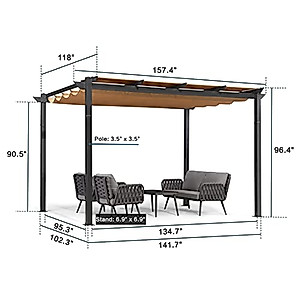 PURPLE LEAF Outdoor Metal Pergola with Retractable Canopy 10' x 13' Patio Aluminum Pergola for Deck Garden Backyard Modern Small Pergola, Beige