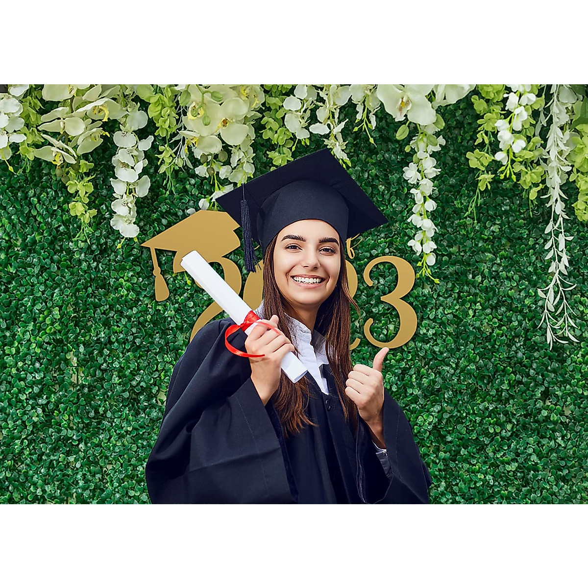 Aperturee Class of 2023 Graduation Photography Backdrop 7x5ft Green Leaves Wall Prom Congrats Grad Bachelor Cap Spring Still Life Grass Leaf Background Party Decorations Photo Studio Booth Prop Banner