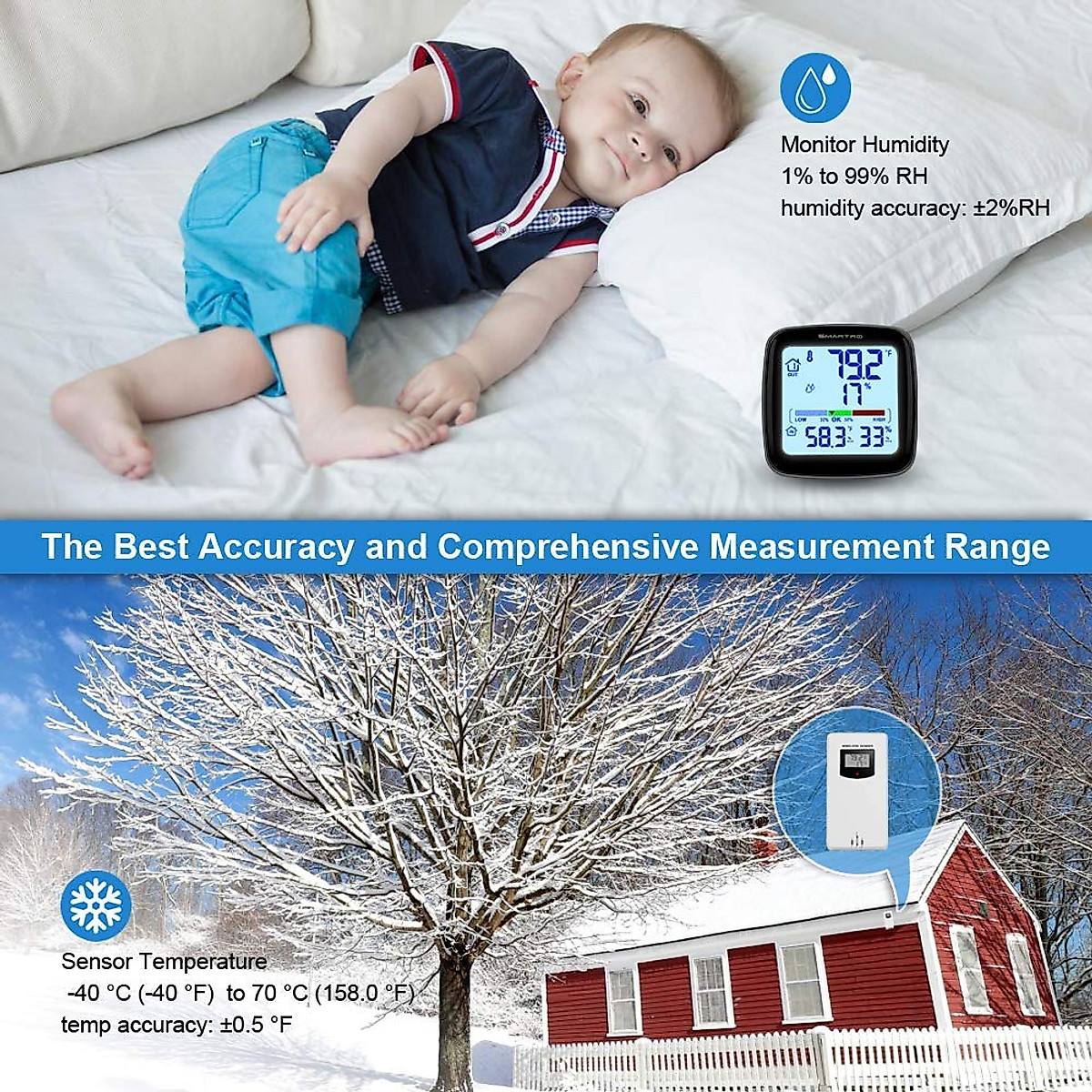 SMARTRO SC92 Professional Indoor Outdoor Thermometer Wireless with 3 Sensors Digital Hygrometer Room Humidity Gauge Temperature and Humidity Meter & Pro Accuracy Calibration