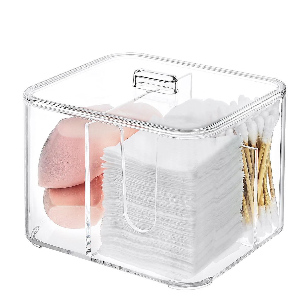 Qtip Holder, Cosmetic Items Storage Dispenser, 4 Compartments Bathroom Canisters for Cotton Swab, Cotton Ball, Cotton Pad Organizer, Clear Acrylic Containers with Lid for Bathroom Vanity Countertop