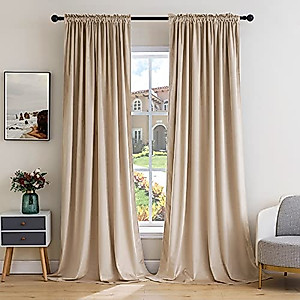 MIULEE Camel Beige Velvet Curtains Thermal Insulated Blackout Curtain Set of 2 and Pack of 2 Velvet Soft Solid Decorative Square Throw Pillow Covers 18 x 18 Inch Beige