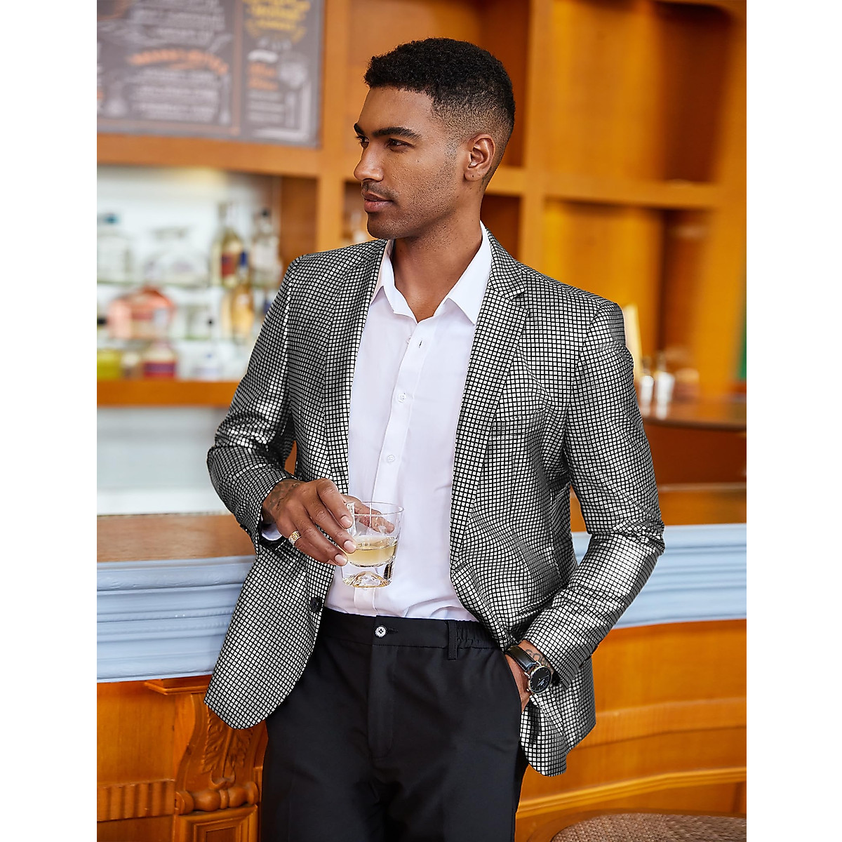 COOFANDY Mens Metallic Jacket Big and Tall Casual Blazer Silver 70s Disco Party Prom Sport Coat