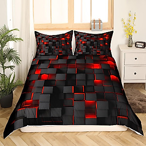Feelyou Red and Black Bedding Duvet Cover Set Twin Size Light Geometric Bedding Set for Kids Boys Girls Geometry Decor Comforter Cover Set Modern Bedspread Cover