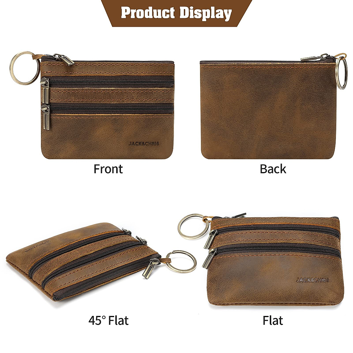 Jack&Chris Coin Purse Pouch for Men, Genuine Leather Coin Purse Zipper Pocket with Keychain Ring, Coin Bag for Men,JC301-8