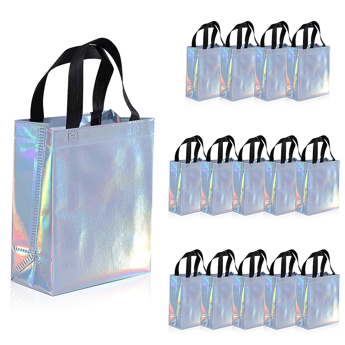 Reusable Gift Bags With Handles,Iridescent Gift Bags Set of 15 Medium Reusable Shopping Bags With for Party Favor Bags,Goodie Bags, Birthday Gift Bag 8x4x10 Inch