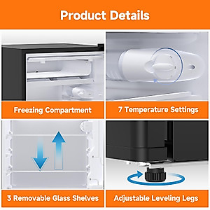 BoltCruise 4.3 Cu.Ft Mini Fridge With Freezer, Single Door Mini Fridge w/7 Settings Temperature Adjustable, Mini Refrigerator for Apartment, Bedroom, Office, Dorm, Black