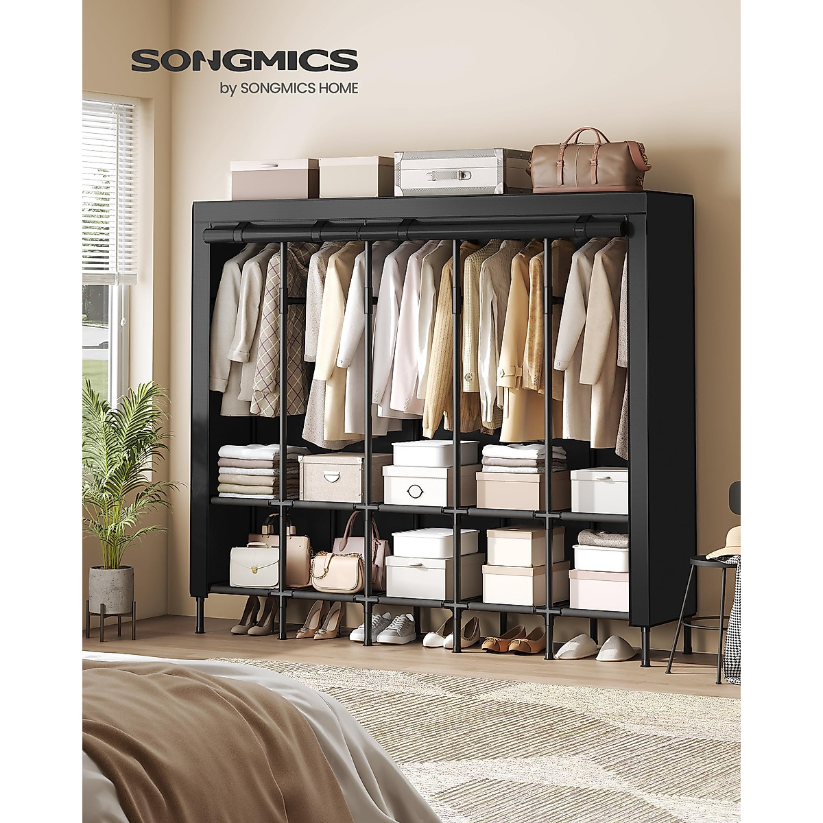 SONGMICS Wardrobe Closet, 83.5 Inch Large Capacity Portable Closet, Clothing Rack, 25 mm Dia,Thick Steel Tubes, Clothes Organizer with Fabric Cover, 5 Hanging Rails, 10 Shelves, Ink Black URDR095B01