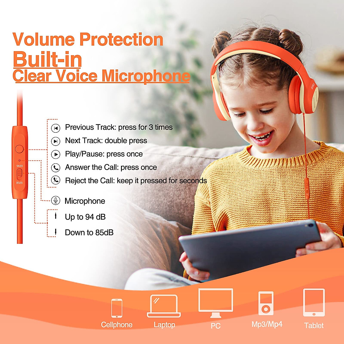 BERIBES Kids Headphones, [Vibrant Orange] Sharing Function HiFi Stereo Comfortable Fit Foldable Headphones for Kids with Microphone, Volume Limiter 85/94dB for School, Online Learning, Kindle, Plane