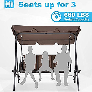 HABUTWAY Outdoor Patio Canopy Swing Chair,Porch Swing with Stand 3 Person,Heavy Duty Outdoor Swings for Deck,Backyard,Poolside,Textilene Fabric,Steel Frame,Storage Pocket,Utility Tray (Brown)