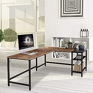 AJP Distributors L Shape Computer Desk with Storage Shelf Study Writing Table for Home Office, Modern Simple Style PC Desk, Black Metal Frame, Rustic