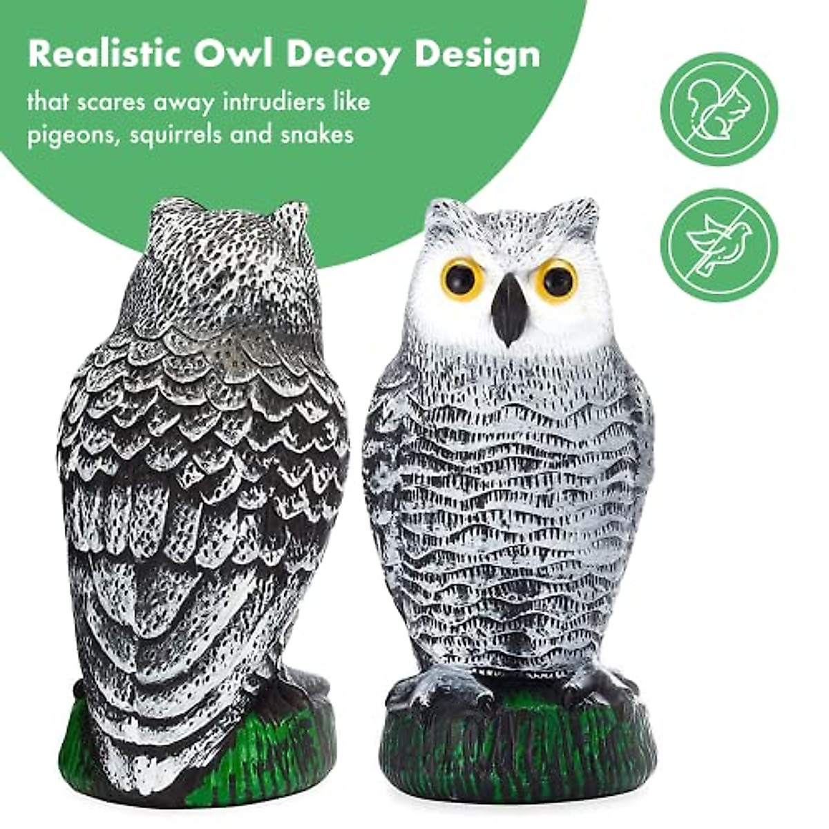 Horned Fake Owl and Bird - 10.5" Plastic Owls to Scare Birds Away - Effective Bird Devices - Scarecrow for Garden - Bird Devices Outdoor, Keep Birds Away