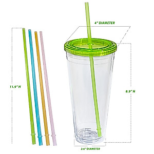 Lily's Home Insulated Tumbler Cups with Straws and Lids, Double Wall Clear Acrylic Plastic. Perfect for Iced Coffee, Hot Drinks, Water. BPA Free. Multicolor lids - 4 Pack (32 oz, Clear)