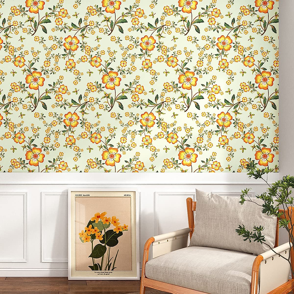 HotDecor 24"x118"Yellow Floral Wallpaper Peel and Stick Floral Contact Paper for Cabinets Walls Flower Wallpaper for Bedroom Bathroom Wall Paper Removable Botanical Wallpaper Mural Vinyl Roll