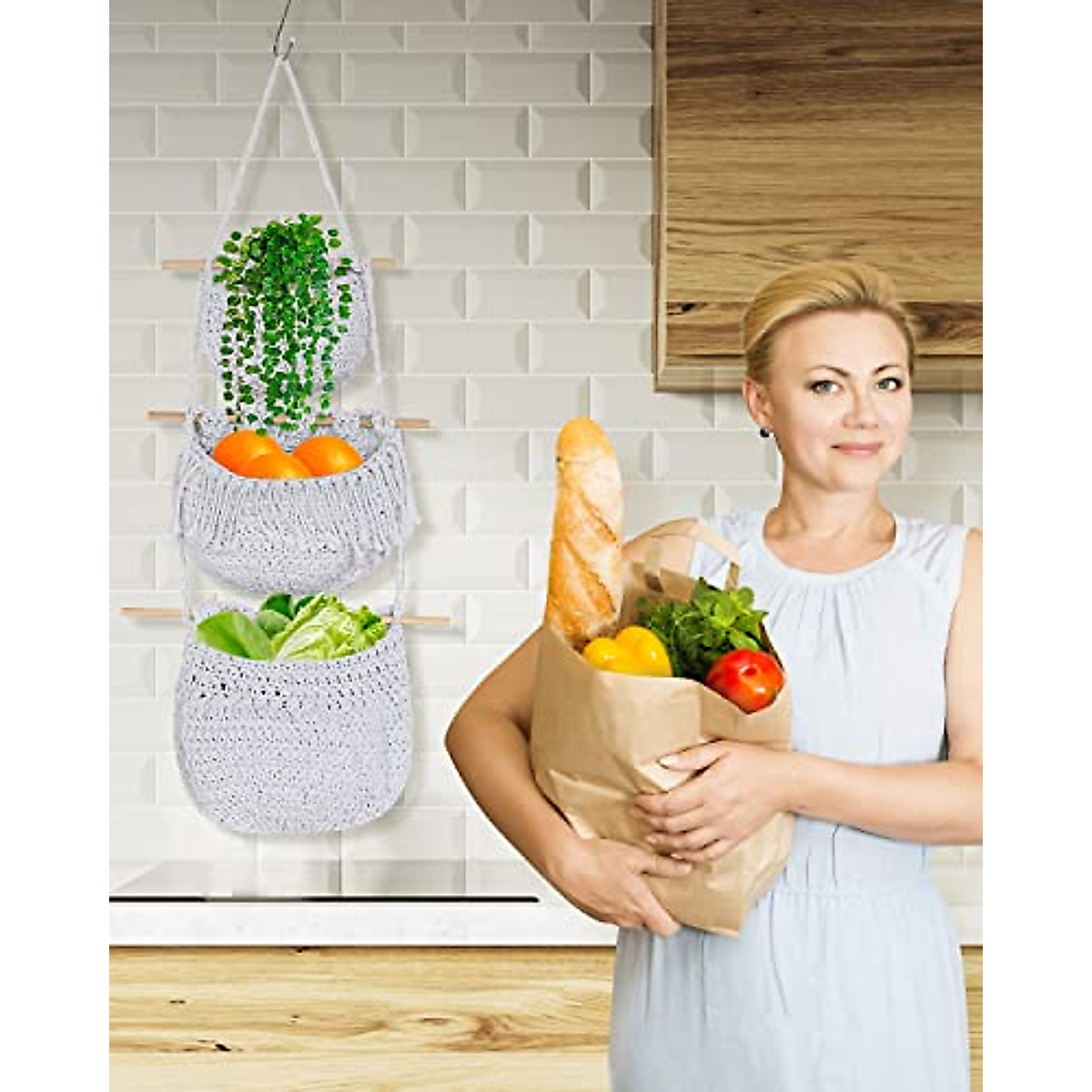 MOVNO Hanging Fruit Basket, Handmade Macrame Hanging Basket, Decorative Macrame Fruit Basket Hanging, Space Saving Boho Fruit Basket, Perfect for Kitchen/Room/Living Room Organization Storage