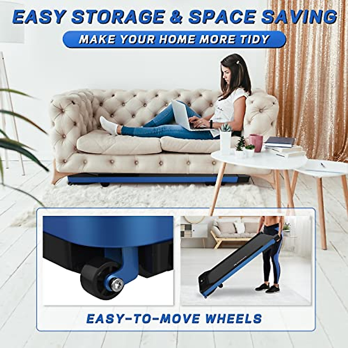 Walking Pad Treadmill Under Desk Treadmill 300lb Capacity, Mini Standing Desk Treadmill for Office Under with Remote Control - Walking Jogging Machine for Home Office(Blue)