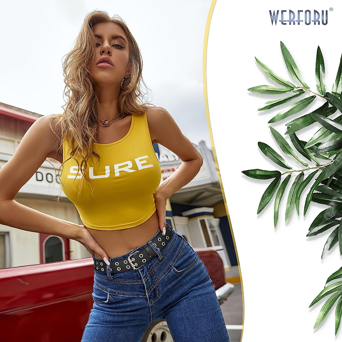 WERFORU Double Grommet Belt PU Leather Punk Belt for Women Black Studded Belts 1.5 Wide