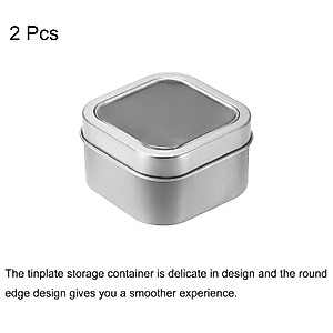 uxcell Metal Tin Box, 2pcs 2.64" x 2.64" x 1.57" Rectangular Empty Tinplate Containers with Clear Window Lids, Silver Tone, for Home Organizer, Candles, Gifts, Car Keys, Crafts Storage