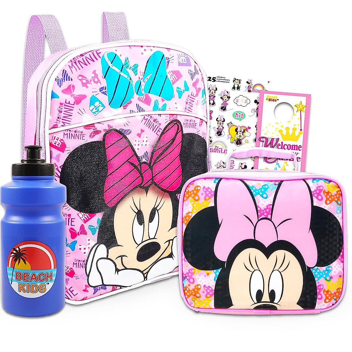Fast Forward Minnie Mouse Backpack and Lunch Box Set - Bundle with Mini 11" Minnie Backpack, Minnie Mouse Lunch Box, Water Bottle, Stickers, More | Minnie Mouse Backpack for Girls
