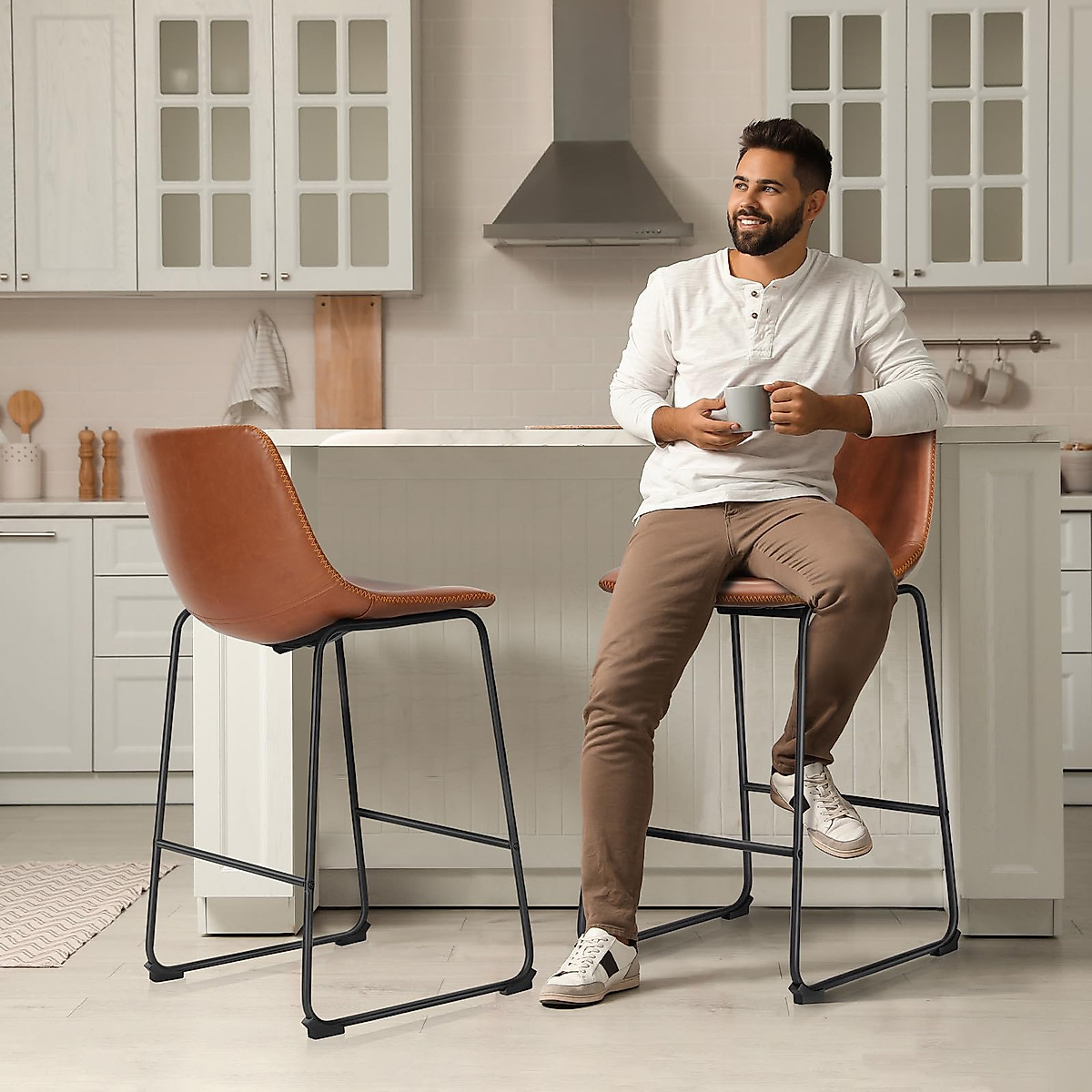 DUMOS 30 Inch Counter Height Bar Stools Set of 2, Modern Faux Leather High Barstools with Back and Metal Leg, Bar Chairs for Kitchen lsland, Brown