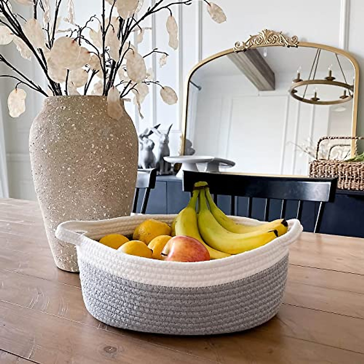 Goodpick Small Woven Basket Cute Gray Rope Basket Cotton Basket Baby Room Storage Basket Dog Toy Basket with Handles Empty Gift Basket for Shelf 12"x 8" x 5" Easter Basket Oval Candy Color Design