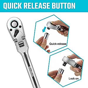 DURATECH 3/8" Drive Flex-Head Ratchet, 72-Tooth Ratchet Wrench, Quick-release, Reversible Switch, Full-Polished Chrome Plating, Alloy Steel