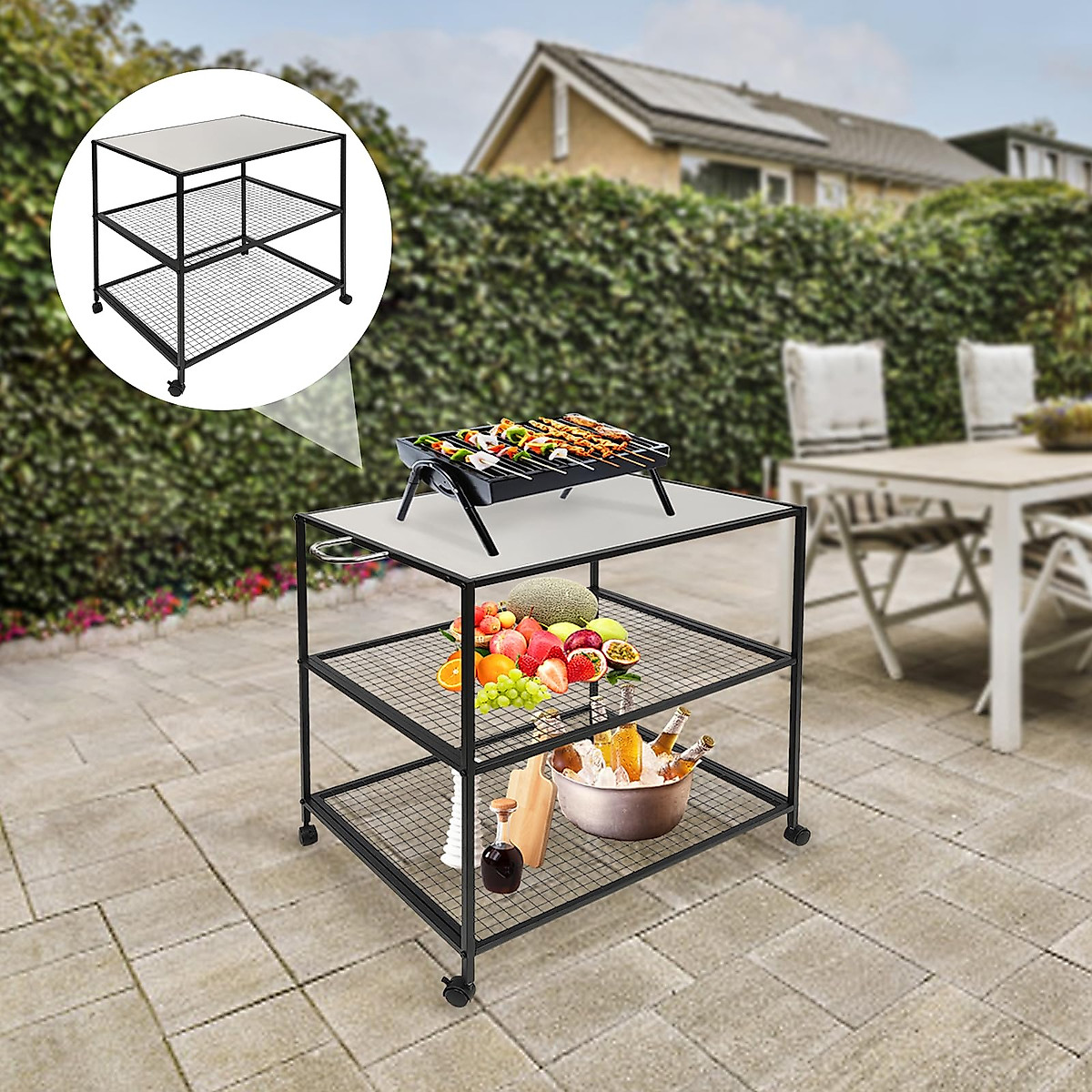 RIAHNEAH Outdoor Grill Cart with Wheels, Picnic Table with 3 layerStorage Shelves, Movable Dining Cart Worktable Trolley for BBQ, Portable Dining Cart Patio Bar Table