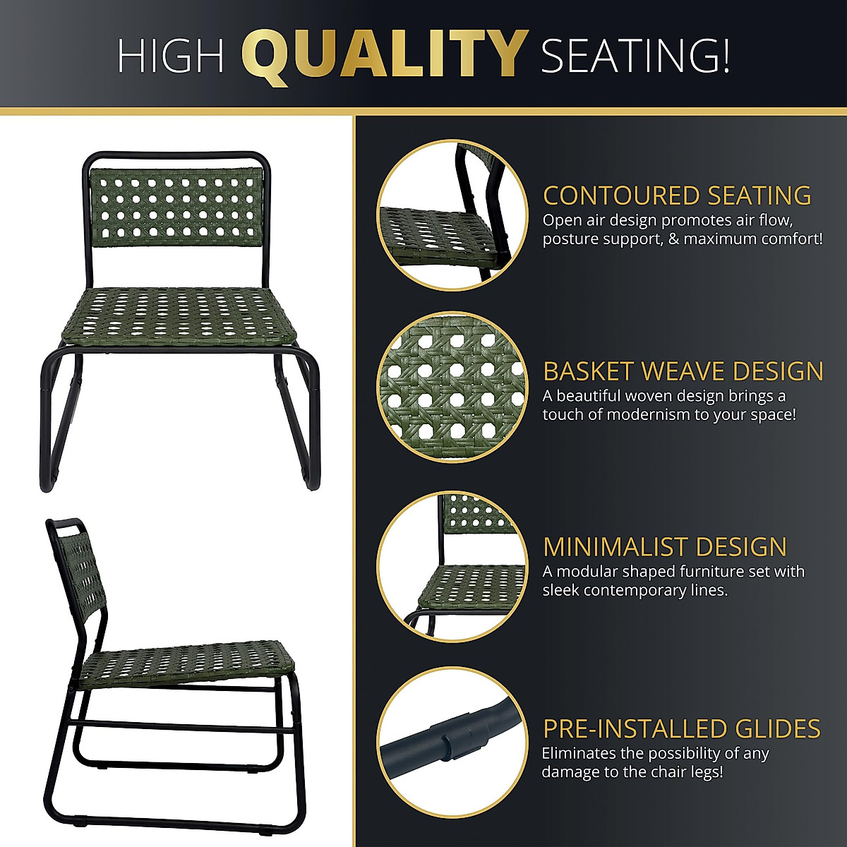 Kinger Home Olive 3-Piece Patio Bistro Table and Chairs Set of 2, Outdoor Wicker Chairs Set with Cast Aluminum Frame, Green