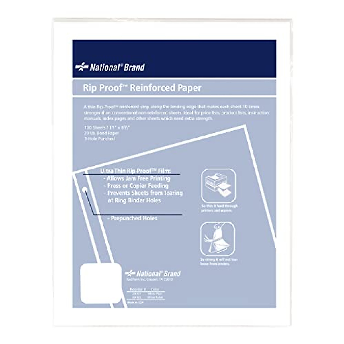 National Rip Proof Reinforced Filler Paper, 3-Hole, 8.5 X 11, Unruled, 100/pack,White
