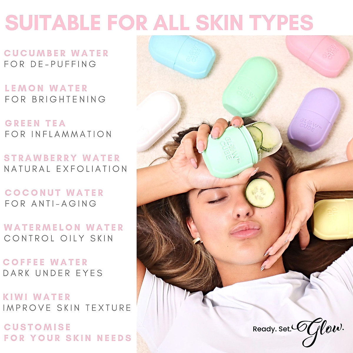 Glow Cube Ice Roller For Face Eyes and Neck To Brighten Skin & Enhance Your Natural Glow/Reusable Facial Tool to Tighten & Tone Skin & De-Puff The Eye Area (Pastel Pink)