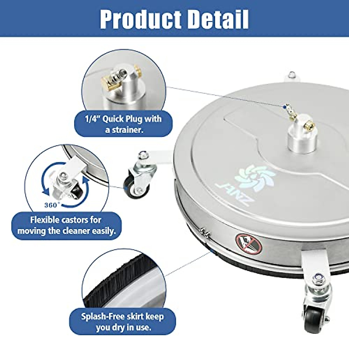 JANZ 20'' Pressure Washer Surface Cleaner with 4 wheels, Stainless Steel Housing, 1/4" Quick Plug, 2 Extension Wands, 2 Replacement Nozzles and 3 Spray Nozzles, 4000 PSI