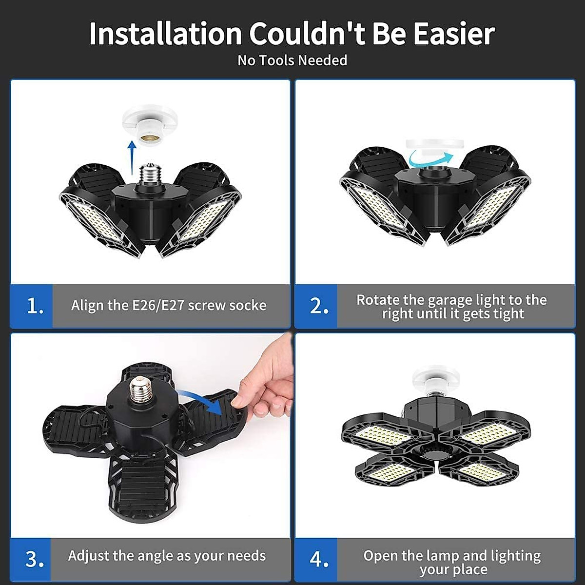 Lazzgan LED Garage Light, 120W LED Garage Ceiling Lights with 4 Deformable Panels, Extra Bright 12000LM E26 High Bay LED Shop Lighting Fixtures for Garage, Basement