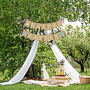 Happy Easter Banner, Easter Decorations Burlap Easter Garland with Bunny Sign for Spring Themed Party Favors Supplies, No DIY Required