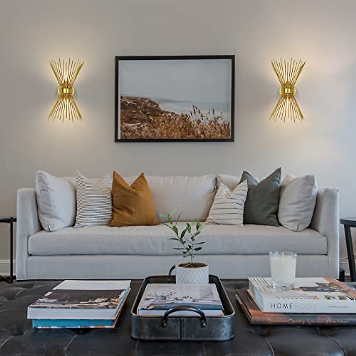 Henveton Brass Mid Century Wall Sconce Sunburst 2-Light, Modern Gold Vanity Light Wall Mount Lamp Industiral Indoor Lighting Fixture for Bathroom, Makeup Vanity, Bedroom, Living Room, Pack of 1