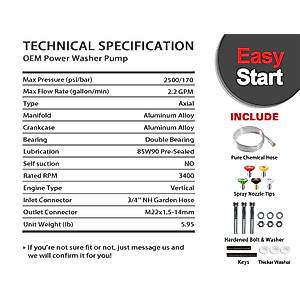YAMATIC 7/8" Shaft Vertical Pressure Washer Pump 2500 PSI @ 2.2 GPM Replacement Pump for Power Washer, Compatible with Honda GCV160, Troybilt, Craftsman, Ryobi, Rear Facing Inlet/Outlet