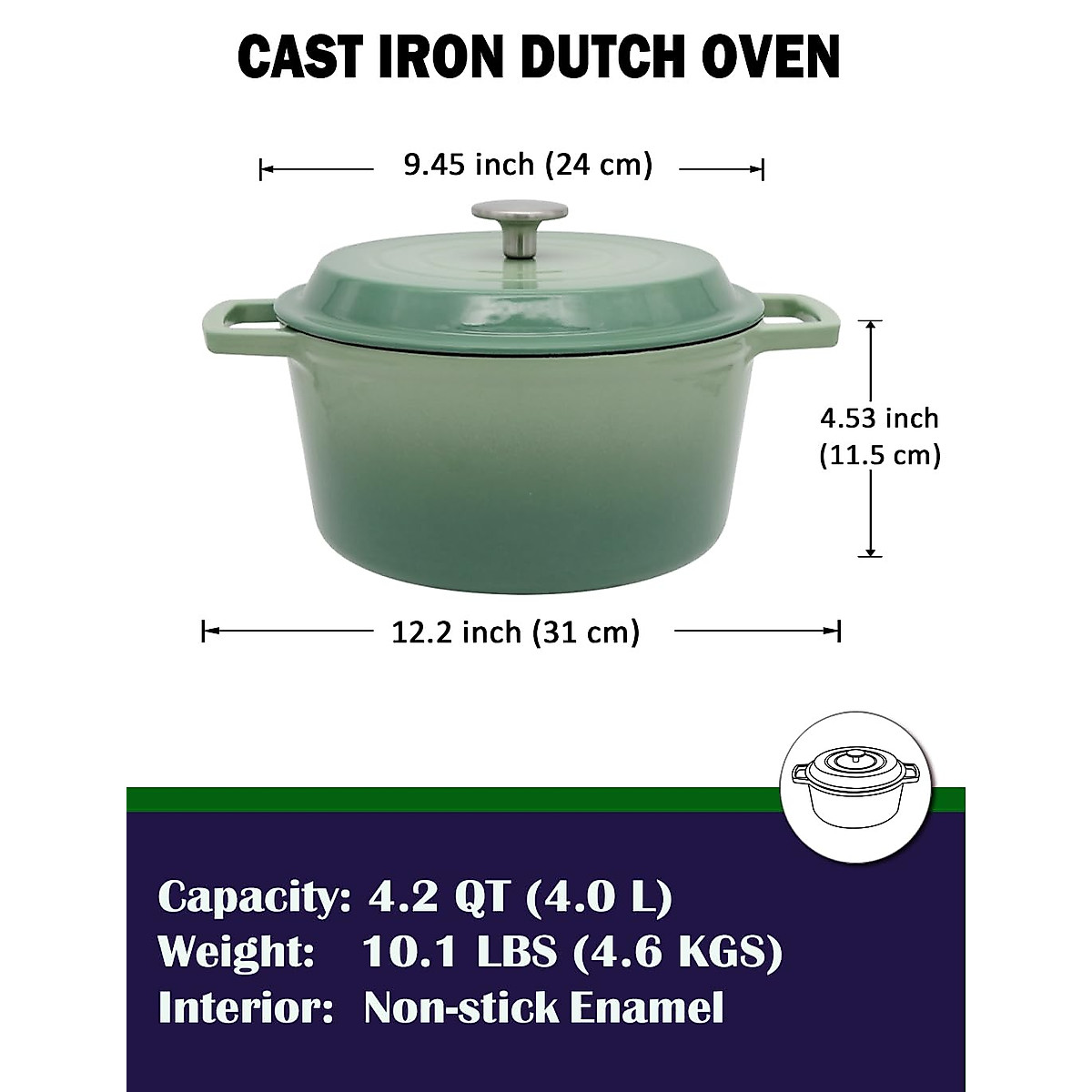 NWsystems 4.2 QT Cast Iron Dutch Oven, Non-stick and Enamel Interior, Multi-purpose Cooking & Baking, Suitable to All Kinds of Cooktops, Dishwasher Safe, the Gift for Family and Friends - Pine Green