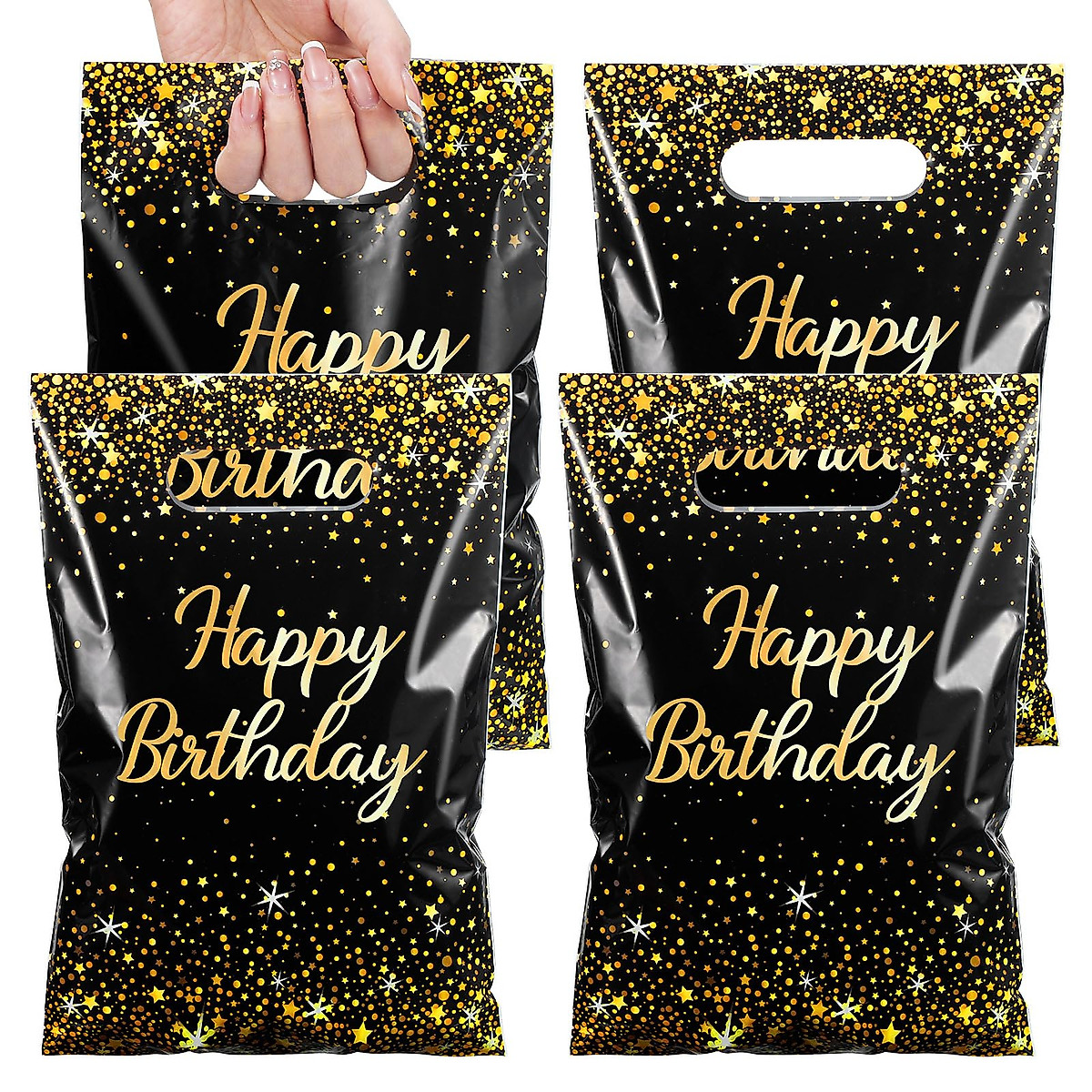 Pasimy 50 Pcs Black Gold Birthday Gift Bags Black Gold Party Favor Bags Golden Plastic Goodie Treat Bags with Handle for Birthday Party Wedding Bridal Baby Shower Christmas New Year Gift Supplies